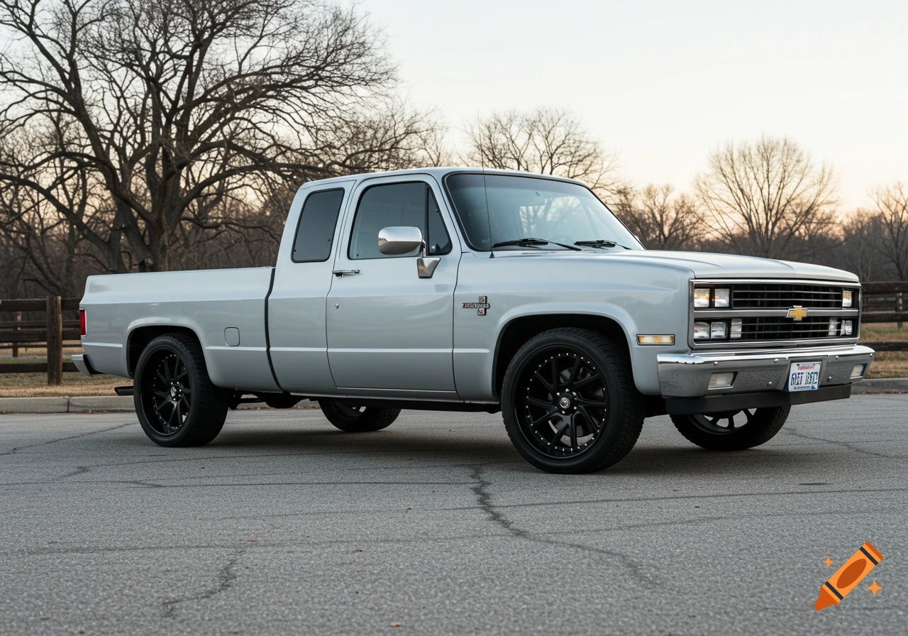 A black modern GMC square body pickup truck with custom wheels is ...