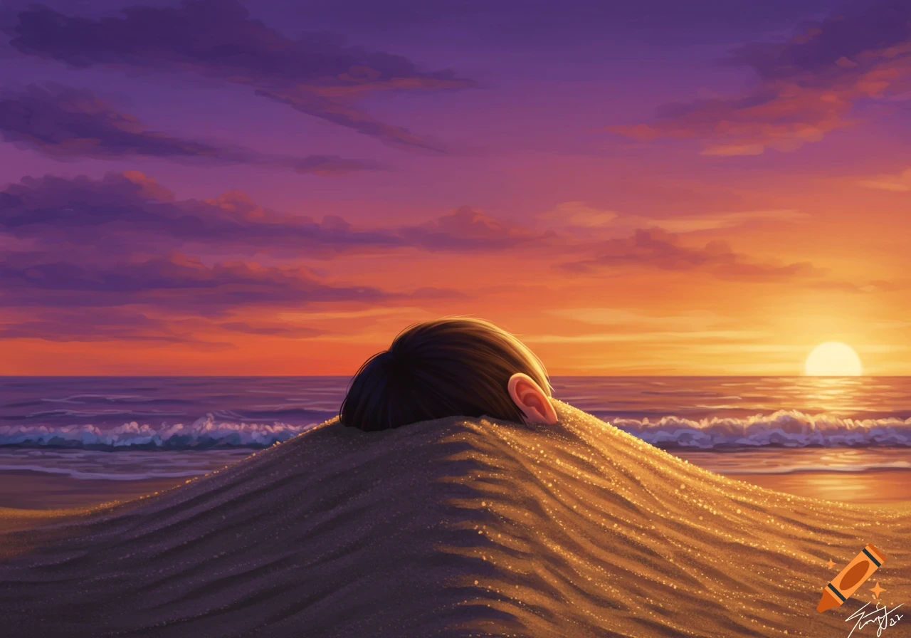A person's head is buried in the sand on a beach at sunset. on Craiyon