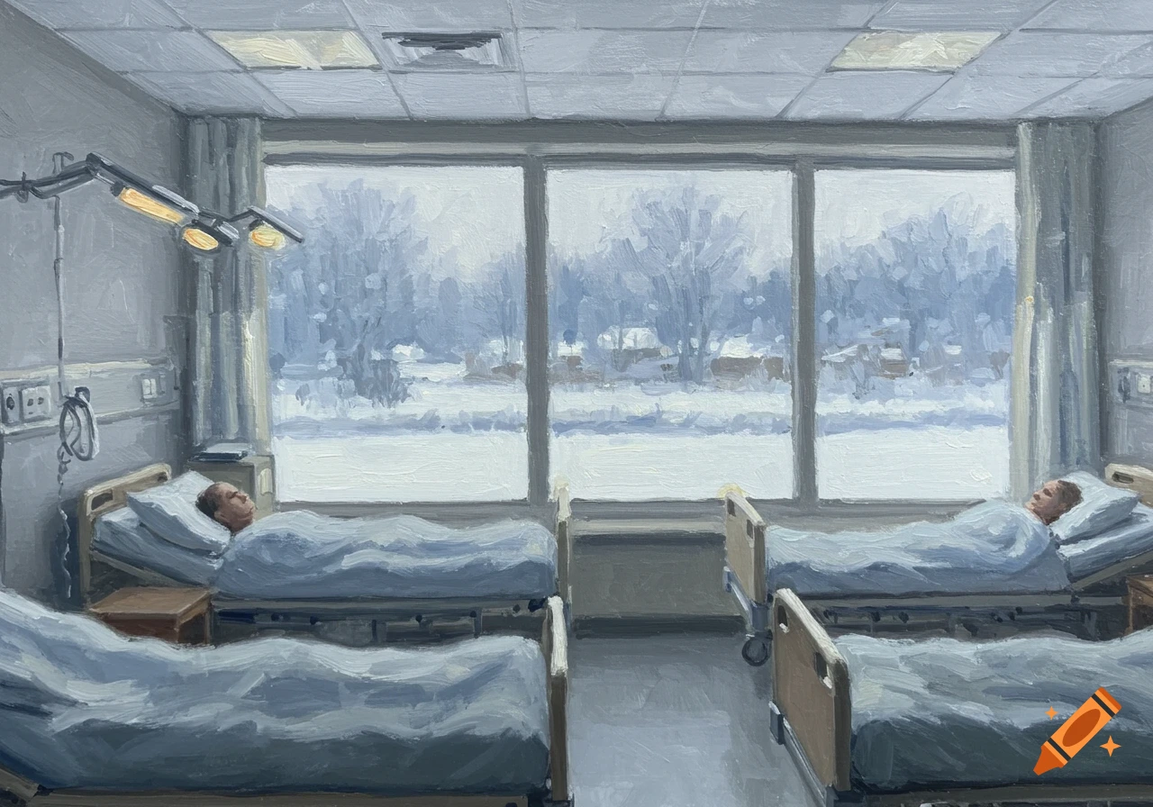 Impressionist painting of patients in hospital beds looking out a large ...