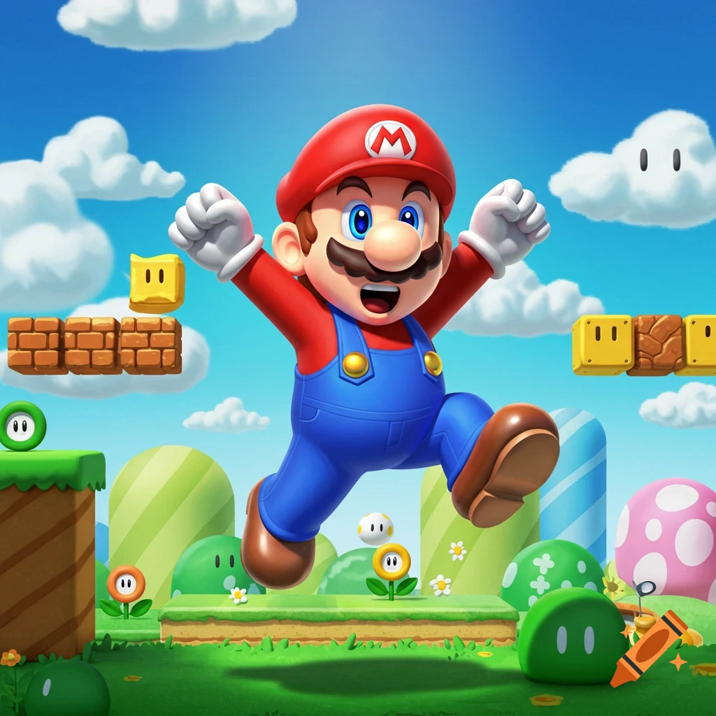 Mario jumping in a Super Mario Bros. game level with mushrooms and pipes on Craiyon