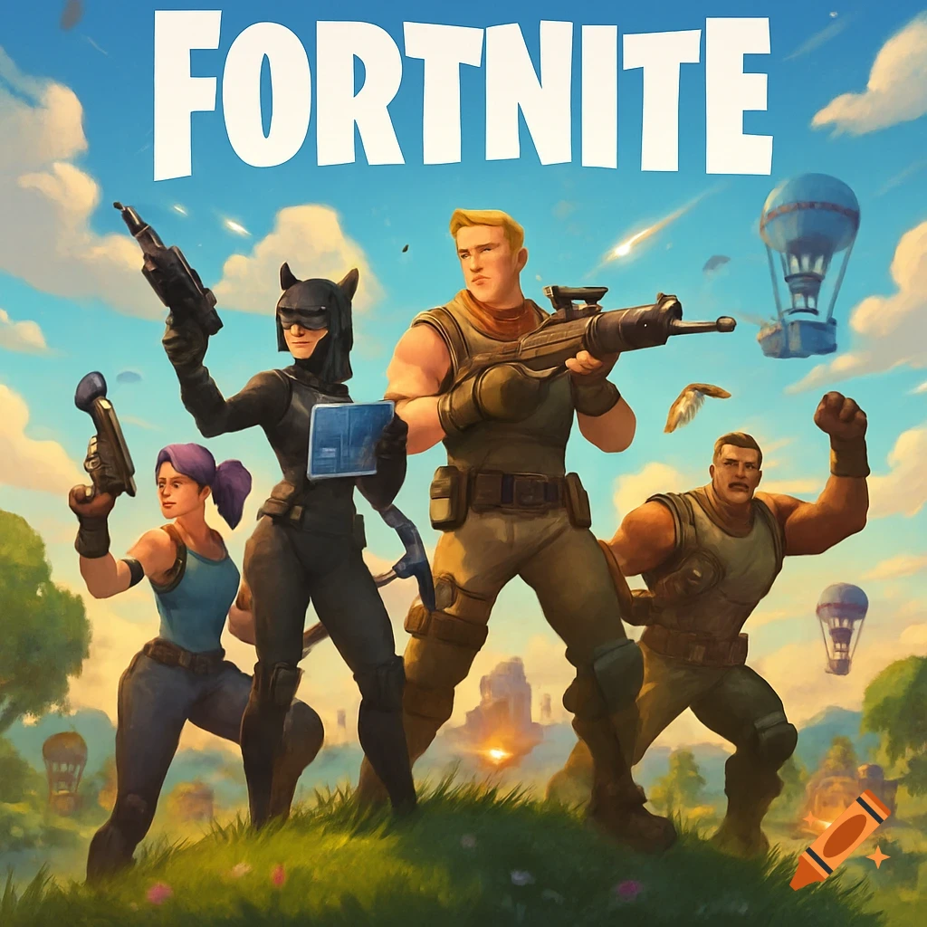 Fortnite characters stand with weapons under the game logo in a ...