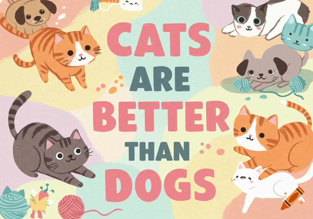 Cartoon illustration of cute cats and a dog with the text "CATS ARE ...