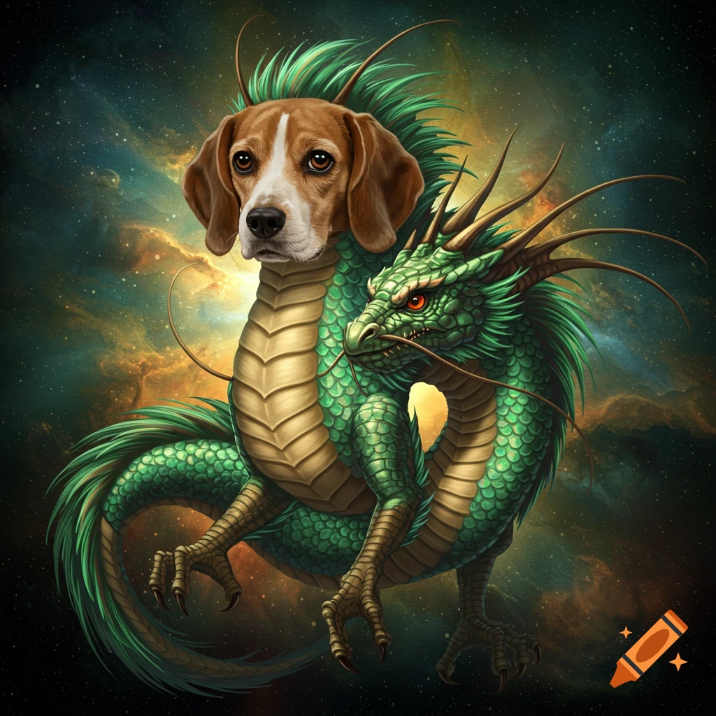 Beagle head and lushumi body god illustration on Craiyon
