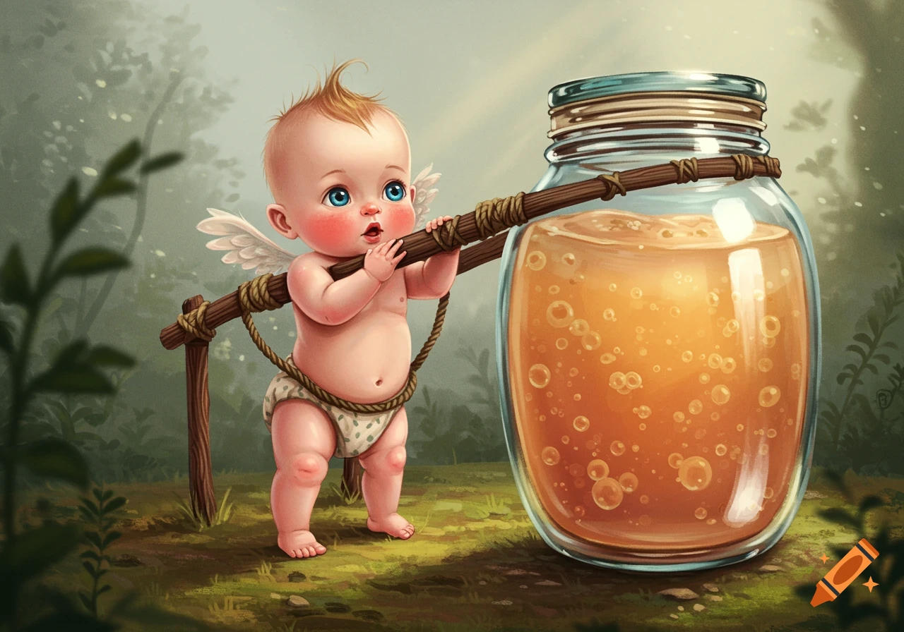 A whimsical illustration of a baby with wings holding a staff attached ...