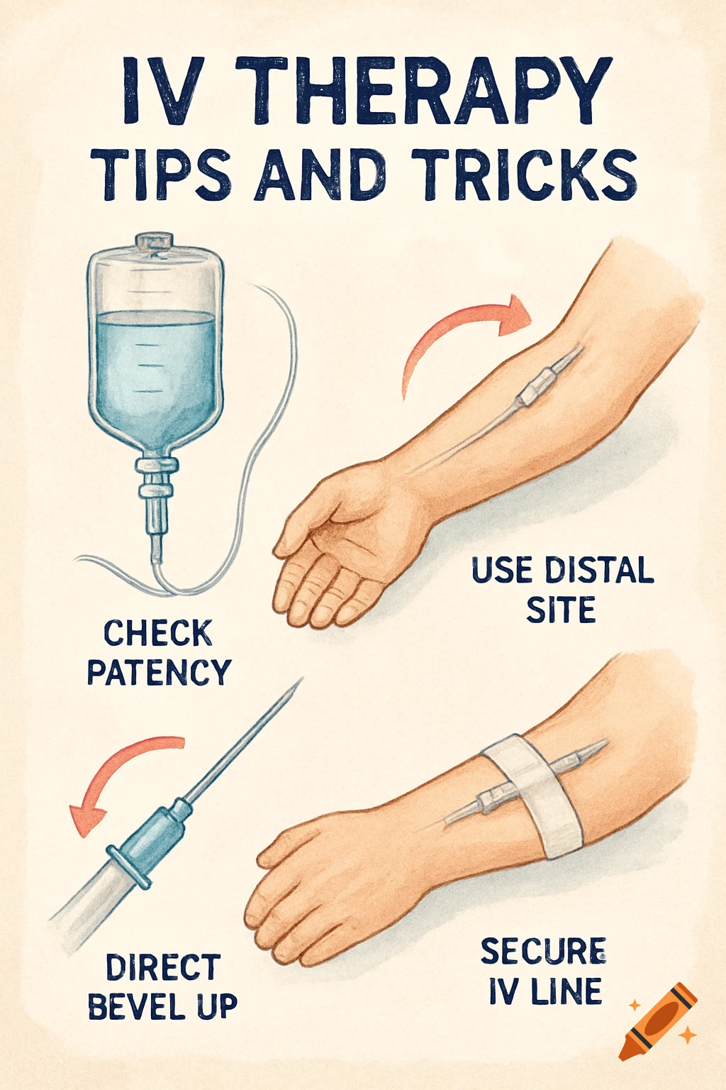 Illustration showing IV therapy tips: check patency, use distal site ...