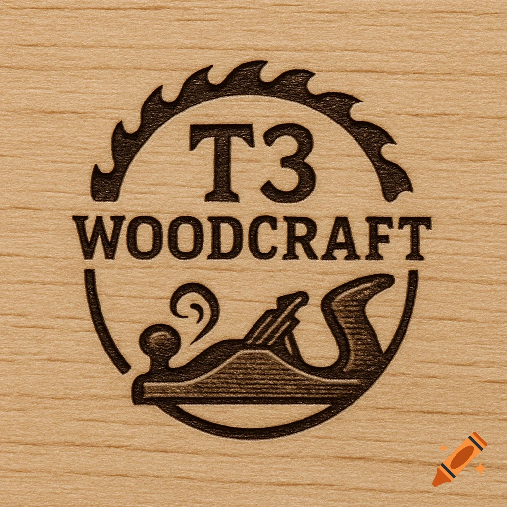 T3 Woodcraft logo featuring a saw blade and wood plane on Craiyon