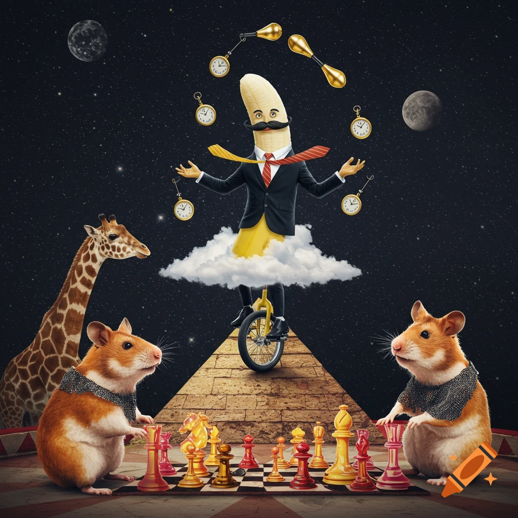 A surreal image of a banana in a suit juggling clocks while riding a ...