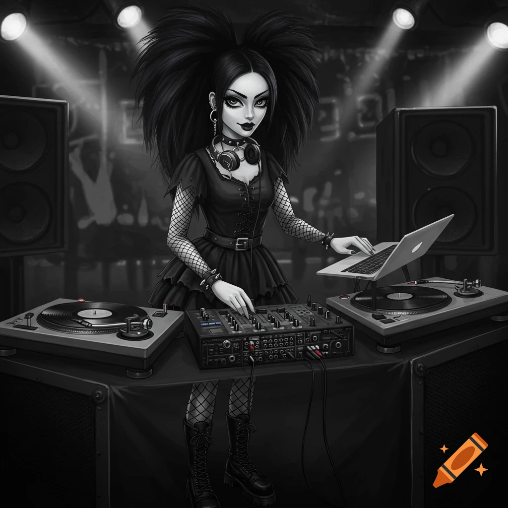 Black and white anime illustration of a goth girl DJing with turntables ...