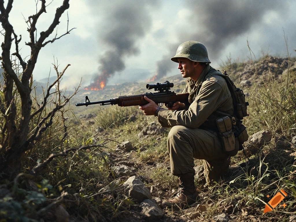 A soldier kneels and aims a rifle in a battlefield setting with smoke ...