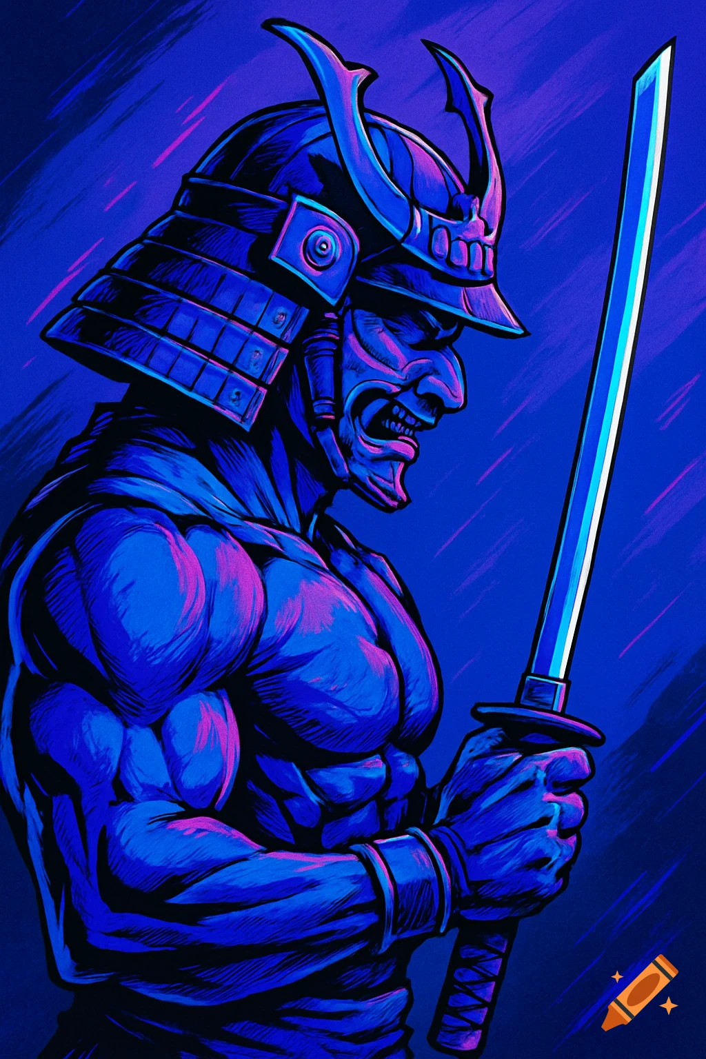 A samurai in futuristic armor holds swords on a balcony overlooking a ...