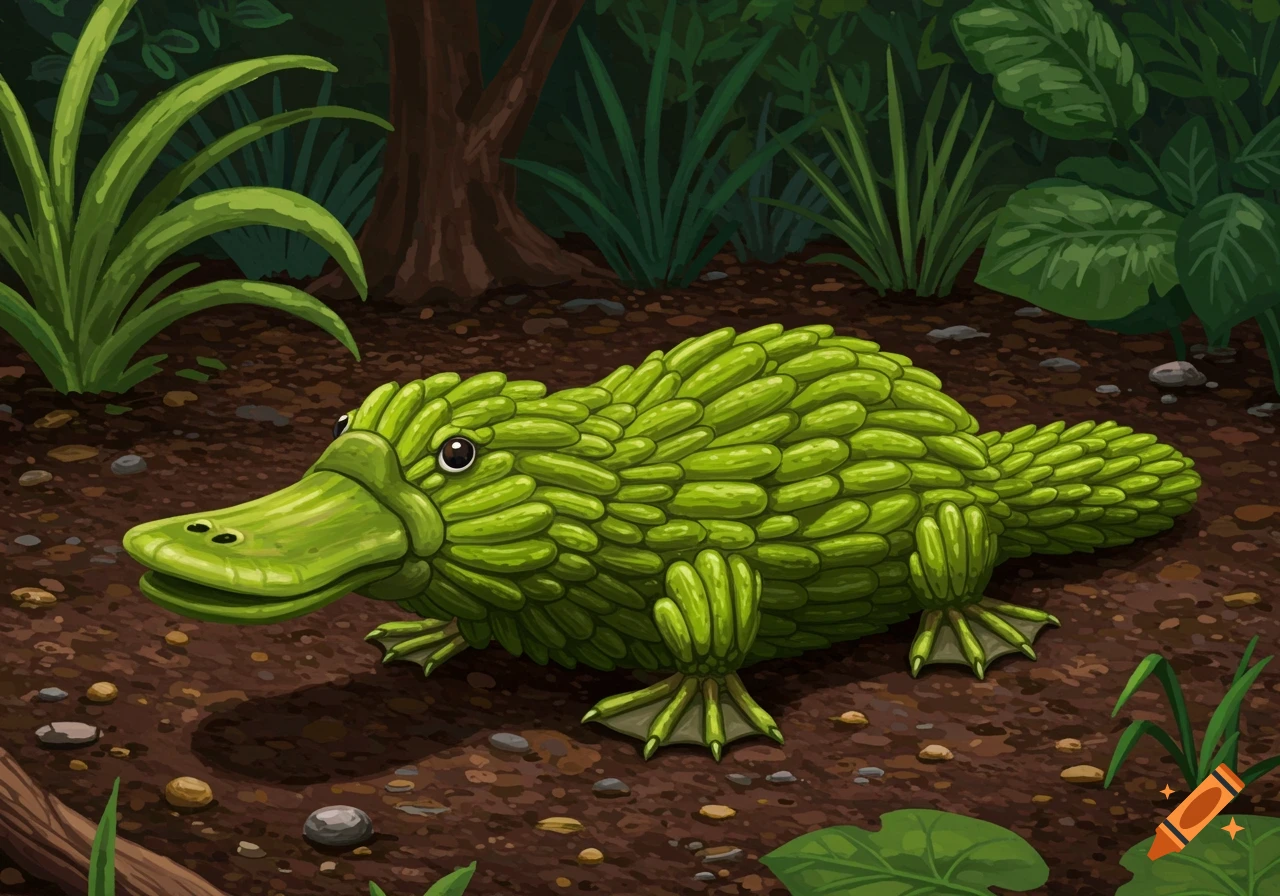 A platypus made of green pickles is in a lush garden. on Craiyon
