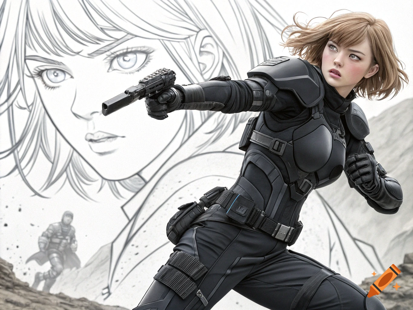 Emma Stone in black mecha suit, fight pose, anime art style. on Craiyon