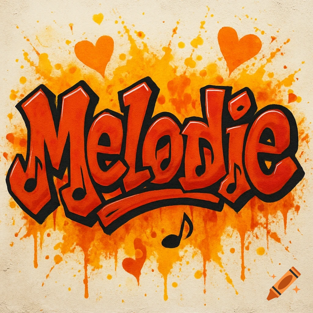 Graffiti tag lettering of the word Melodie with music notes on Craiyon