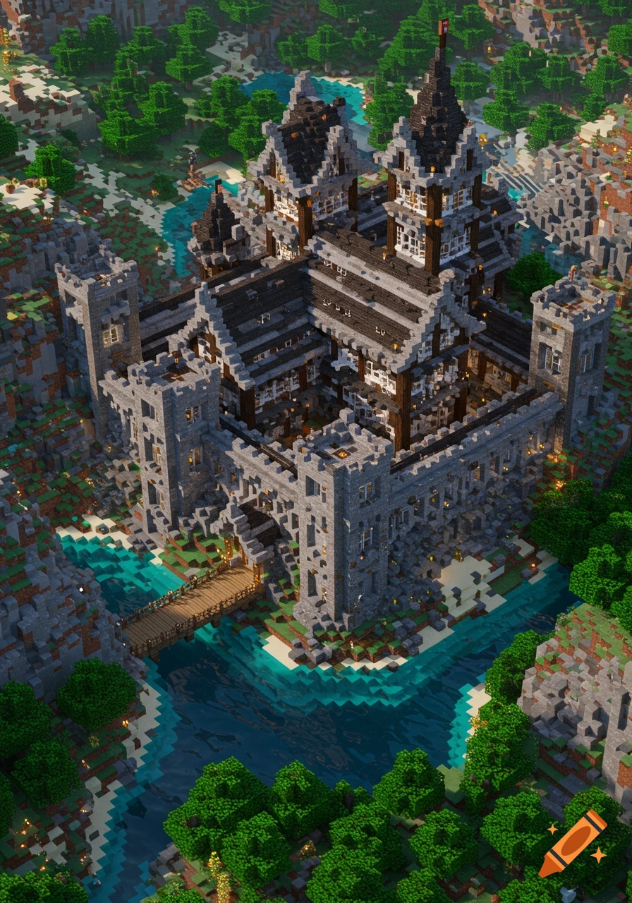 A detailed Minecraft castle build at sunset, featuring stone walls ...