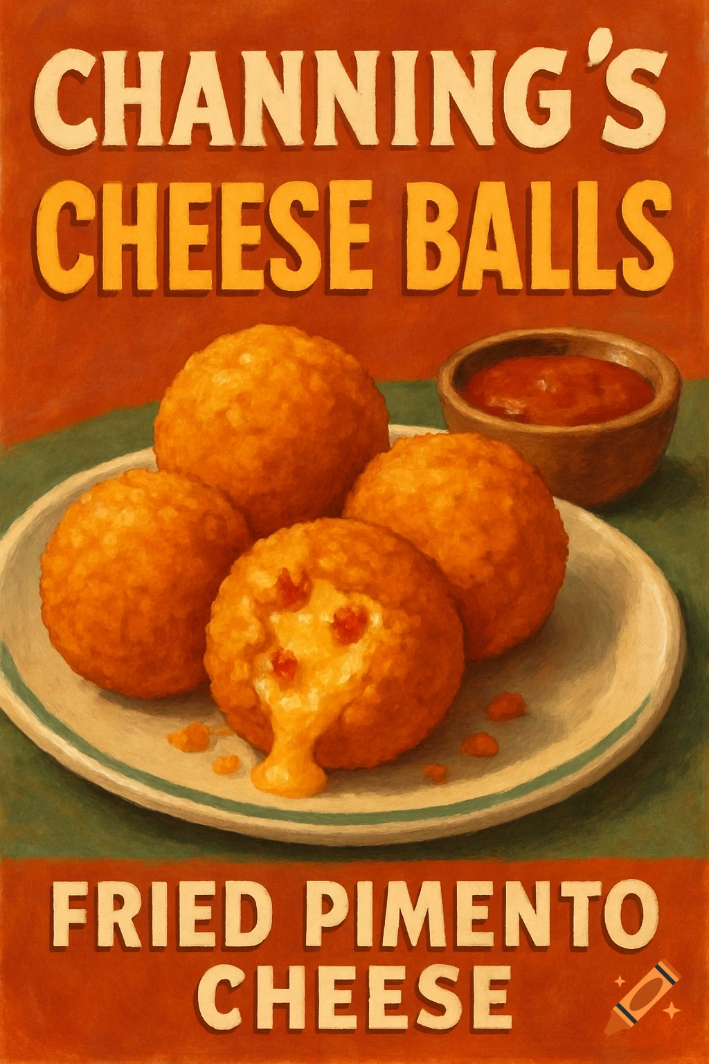 Channing's cheese balls flyer with fried pimento cheese on Craiyon