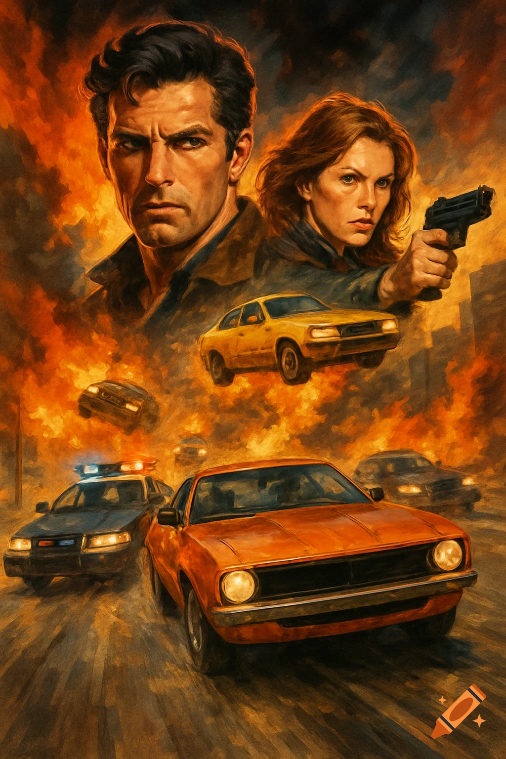 An action film poster with two characters above a car chase scene amid explosions and smoke. on ...