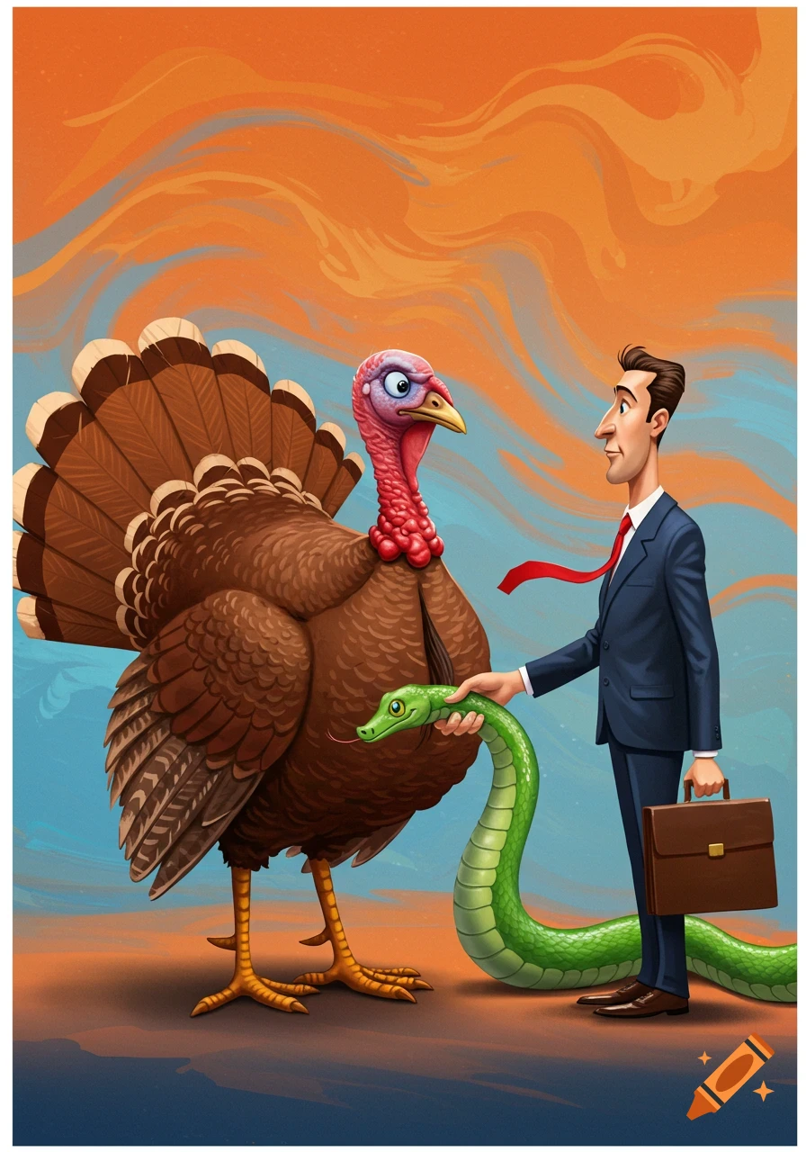 Turkey shaking a man's hand with a snake hand on Craiyon