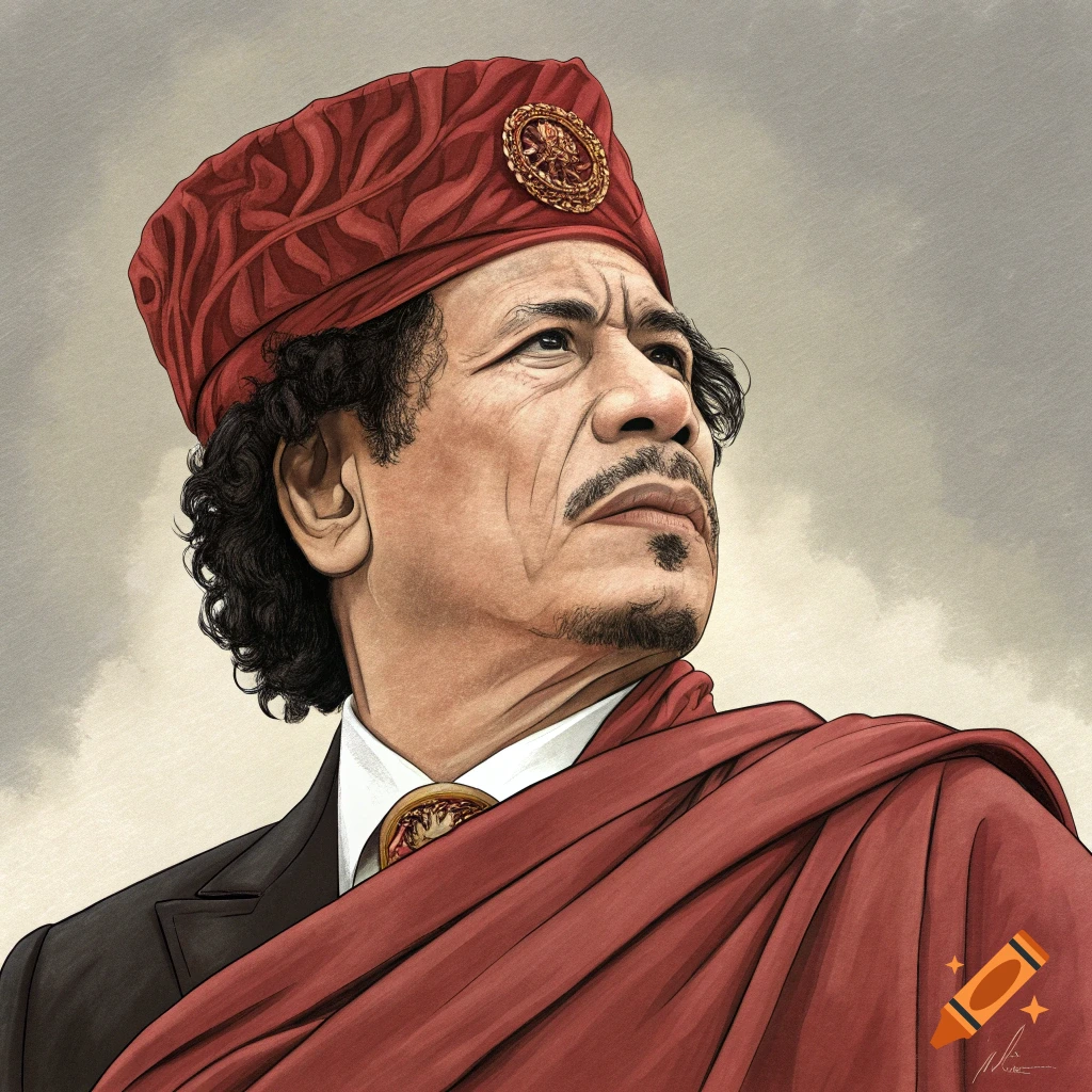 Illustration of Muammar Gaddafi in a red hat and robe looking upwards ...