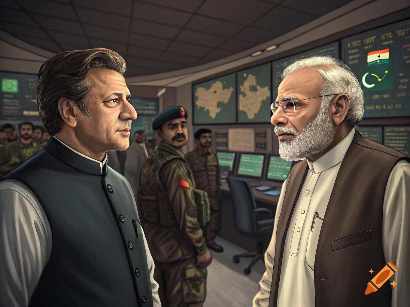 Two men resembling Indian and Pakistani leaders face each other in a ...