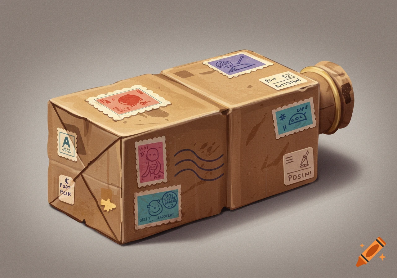 A cardboard box wrapped around a bottle, covered in stamps and labels ...