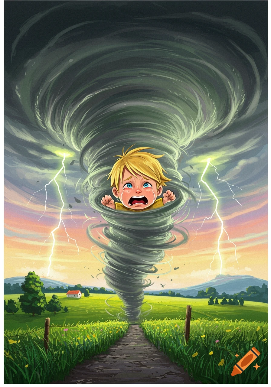 Crying child caught in a tornado with lightning over a countryside ...