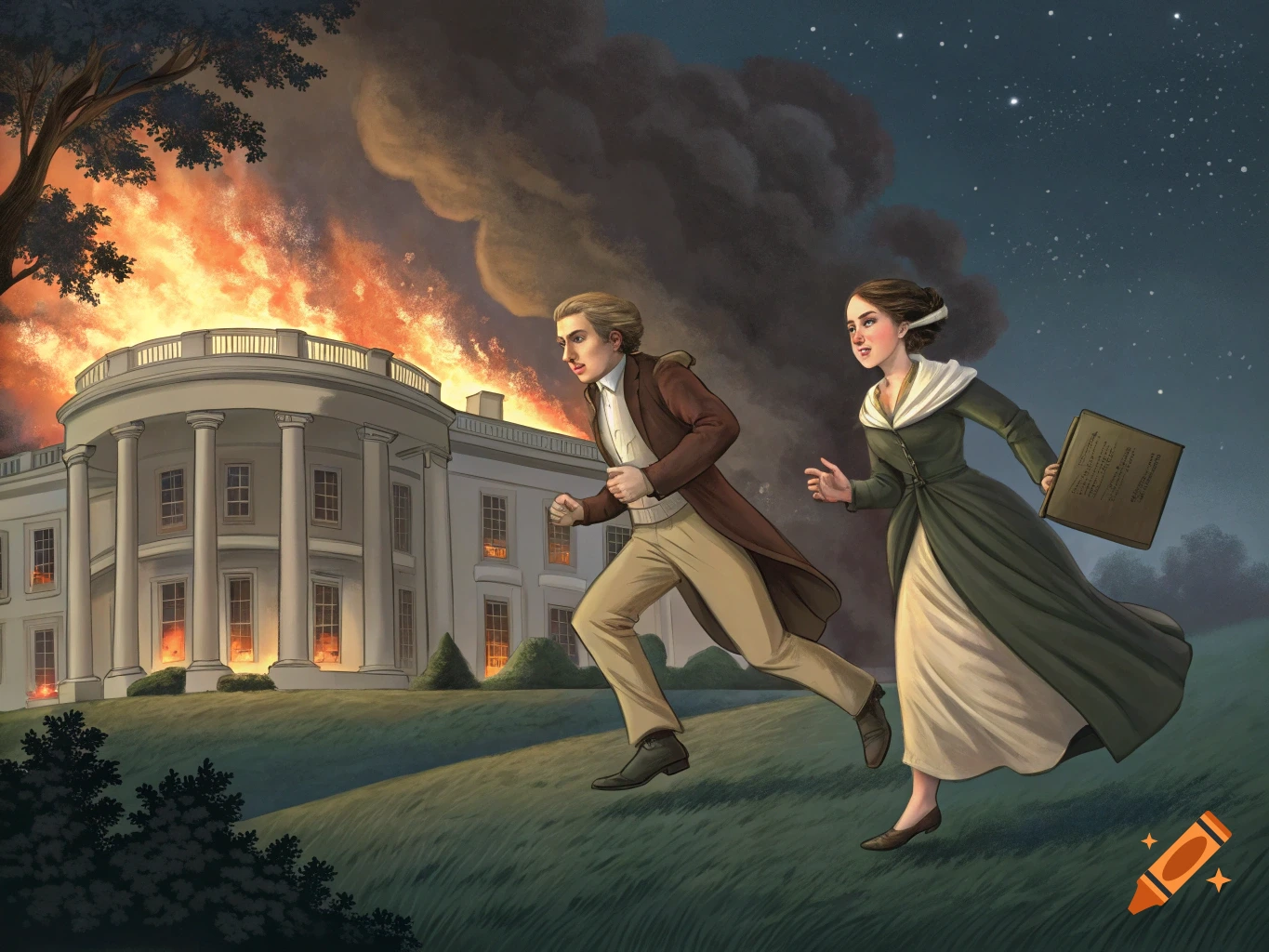 James and Dolley Madison running from burning White House, War of 1812 ...