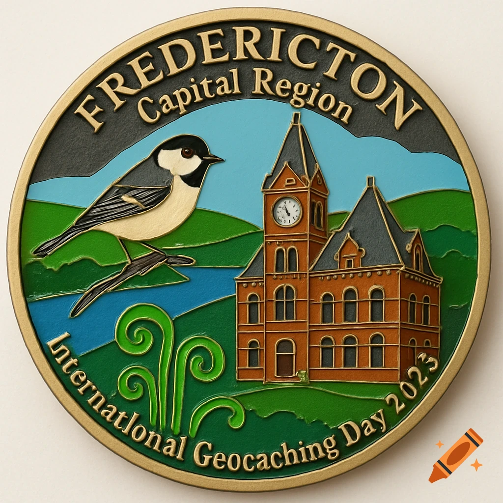 A commemorative geocoin with a bird, building, river, hills, and text ...