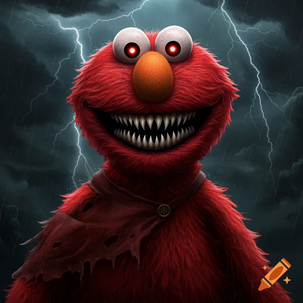 Elmo screams with joy on a rocky mountain peak at sunset, with a ...