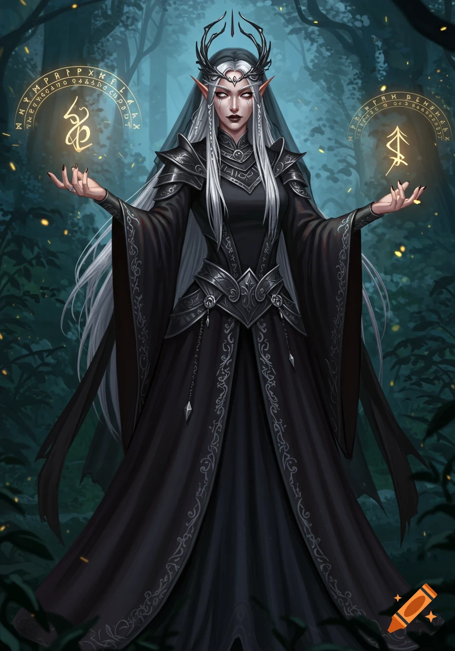 Elven high priestess in black gown and veil on Craiyon