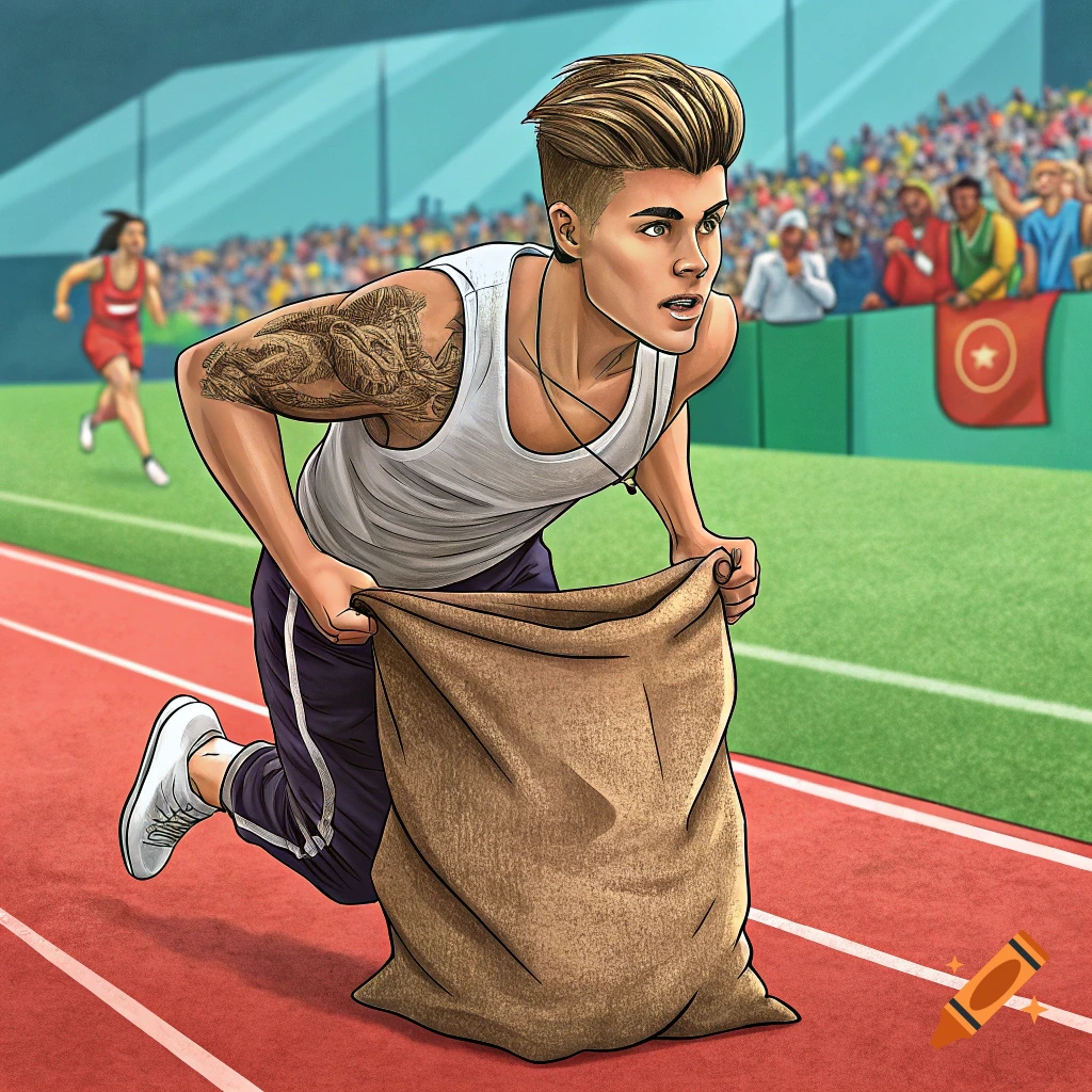 Stylized illustration of a person in a sack race on a stadium track. on ...