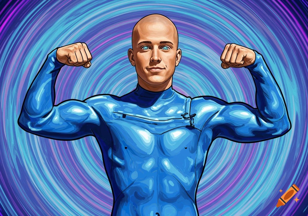A bald man in a shiny blue wetsuit flexes his biceps against a swirling ...
