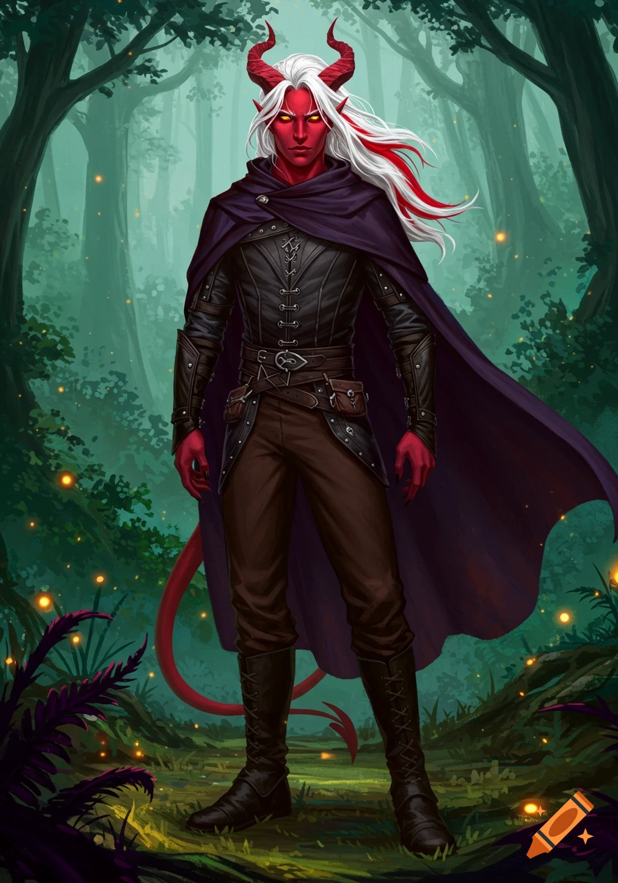 A red-skinned Tiefling with white hair and horns is standing in a ...