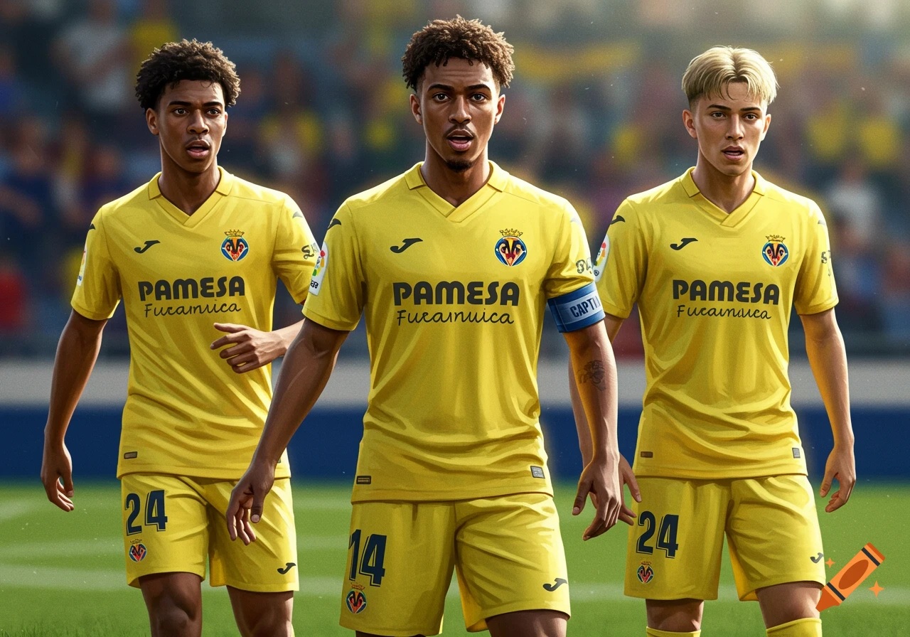 Three young soccer players in Villarreal CF uniforms on Craiyon