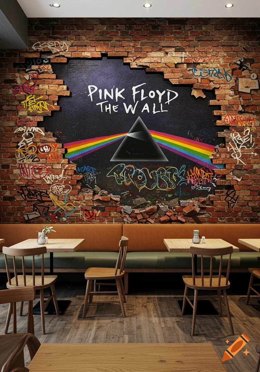 A cafe interior with tables and chairs and a mural of Pink Floyd's The ...