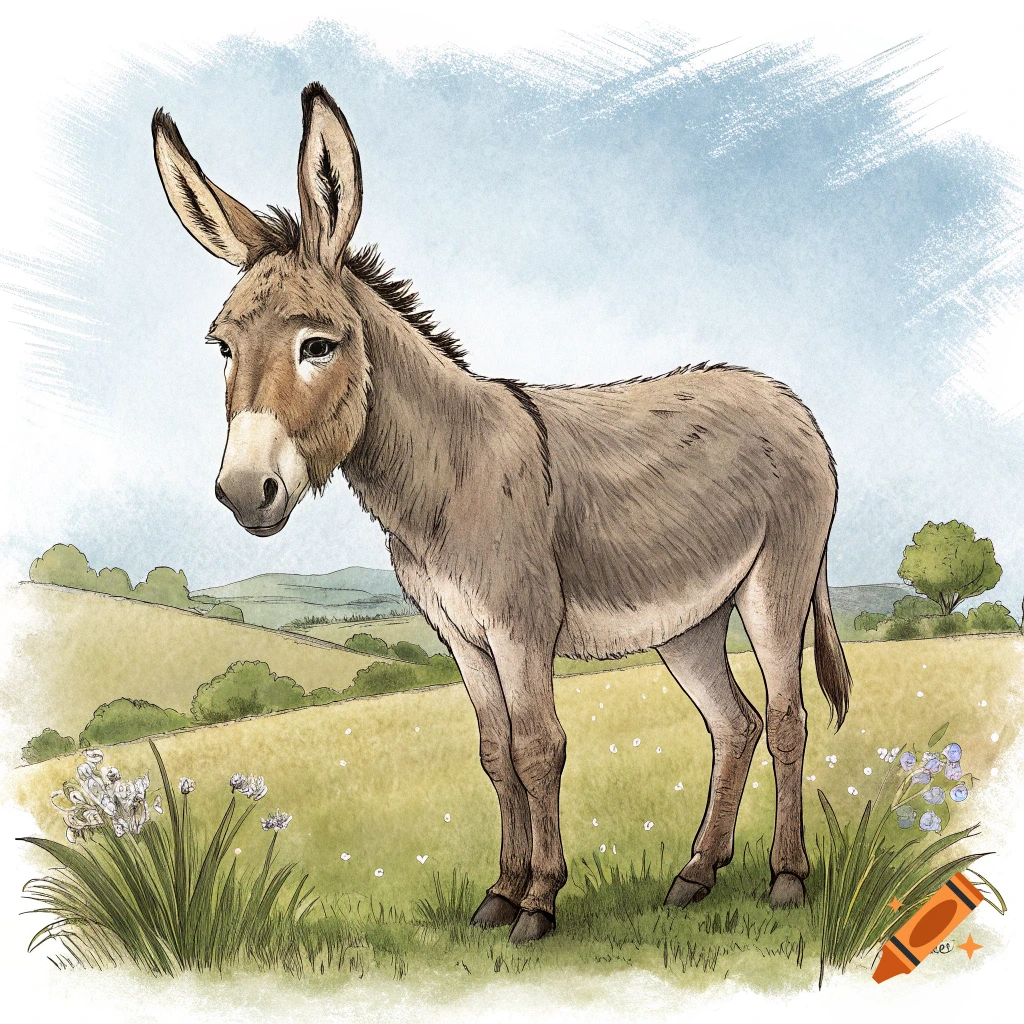 An illustration of a donkey standing in a grassy field under a blue sky ...