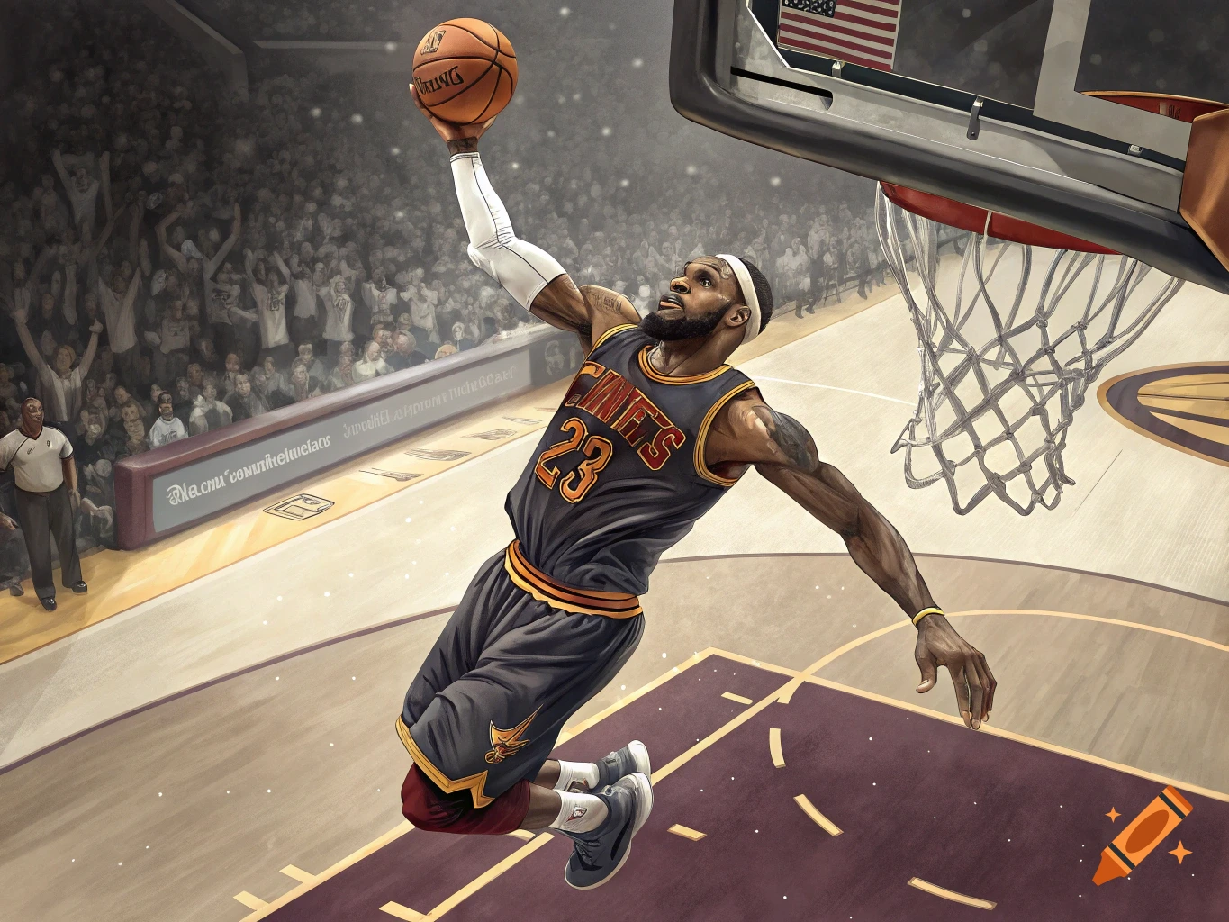 Lebron James dunking a basketball in a crowded arena, illustration. on ...