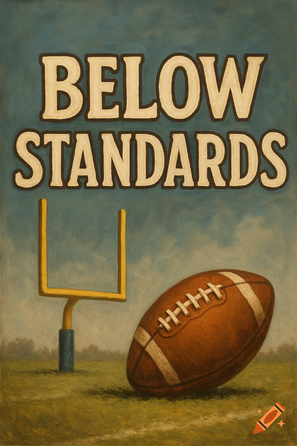 A football is near a goalpost with the text "Below Standards". on Craiyon