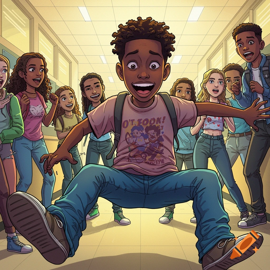 Comic book illustration of a Black teenage boy tripping in a school ...