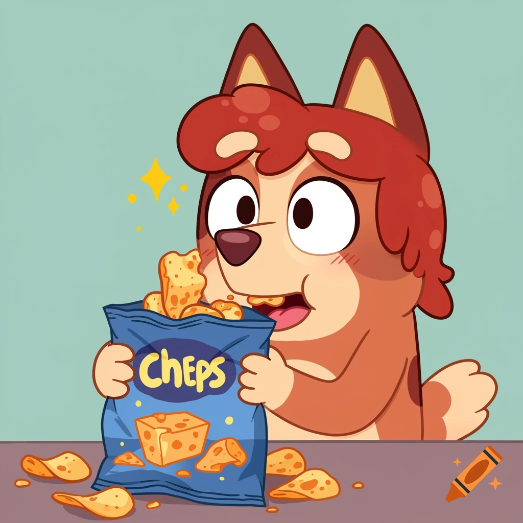 Cartoon dog character eating potato chips from a blue bag. on Craiyon