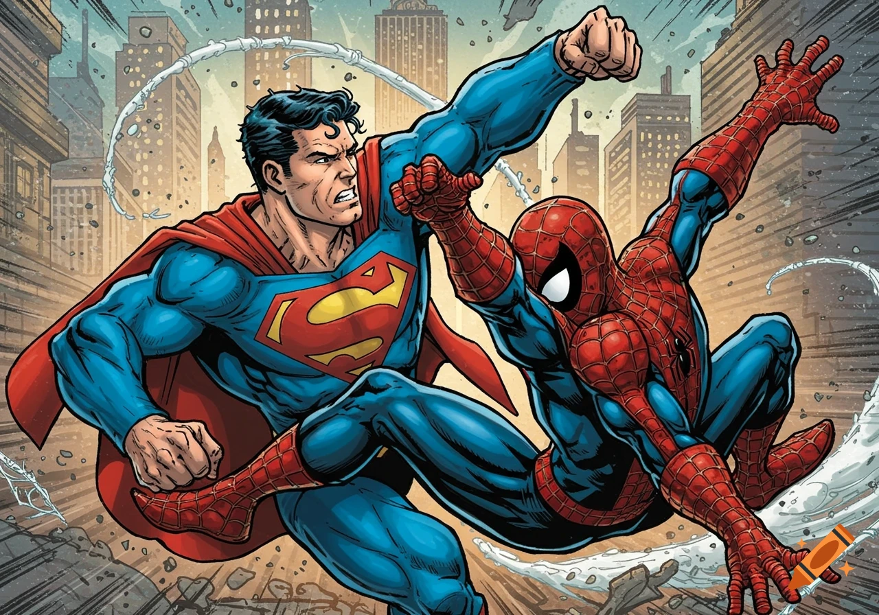 Superman and Omni-Man fight in a ruined city, comic book art style. on ...