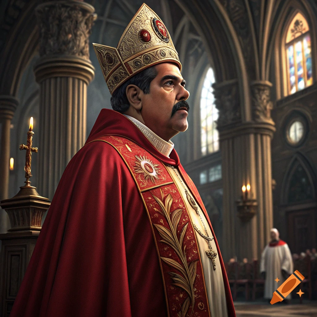 A man resembling Nicolas Maduro wears a red and gold pope's robe and ...
