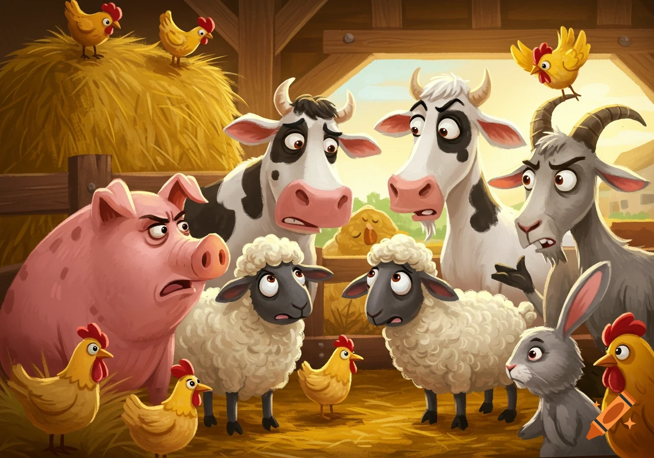 A group of cartoon farm animals including a pig, sheep, cows, a goat ...