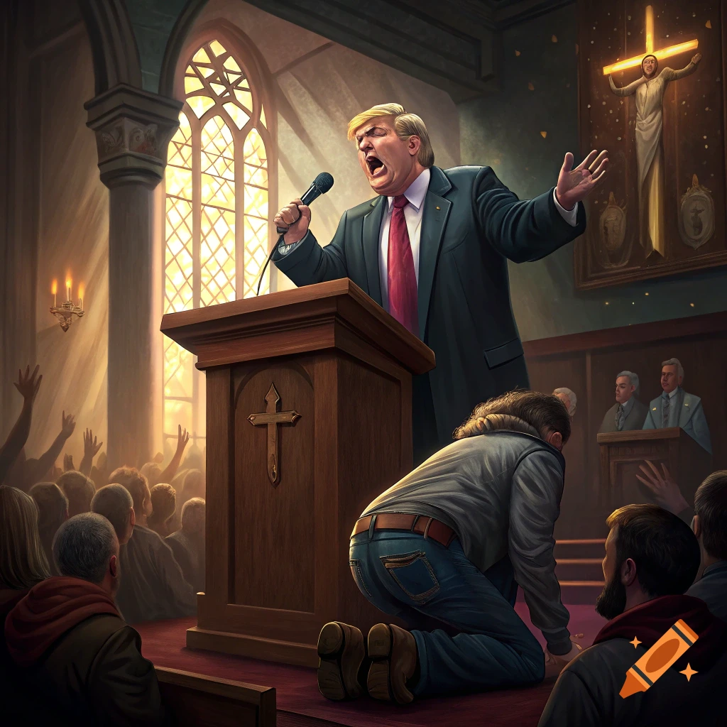 Illustration of figure resembling Trump speaking at a church podium ...