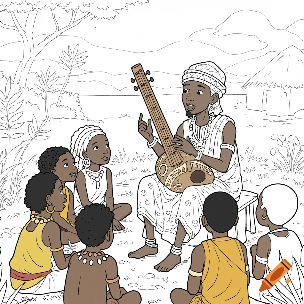 Coloring page of an African griot telling a story on Craiyon