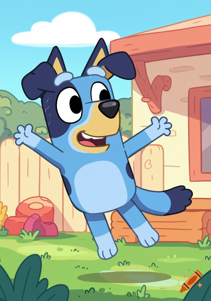 Animated cartoon of the character Bluey doing a tree pose on a pink ...