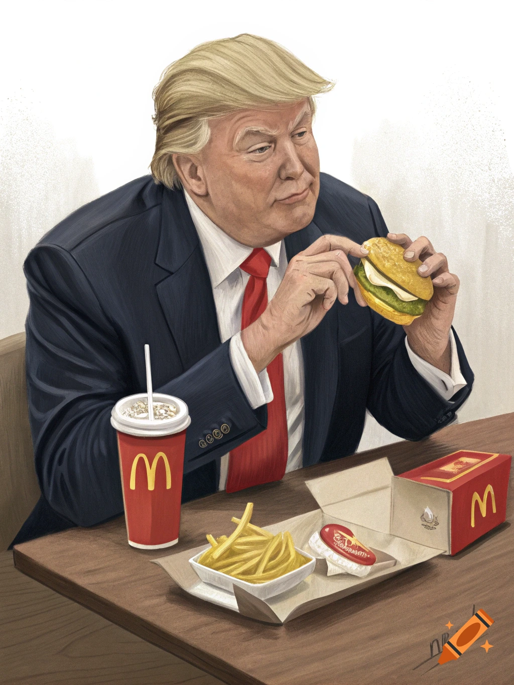 Illustration of Donald Trump eating a McDonald's burger, fries, and ...