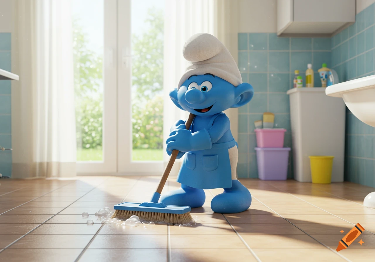 A 3D rendered image of a Smurf cleaning a tiled floor with a broom. on ...