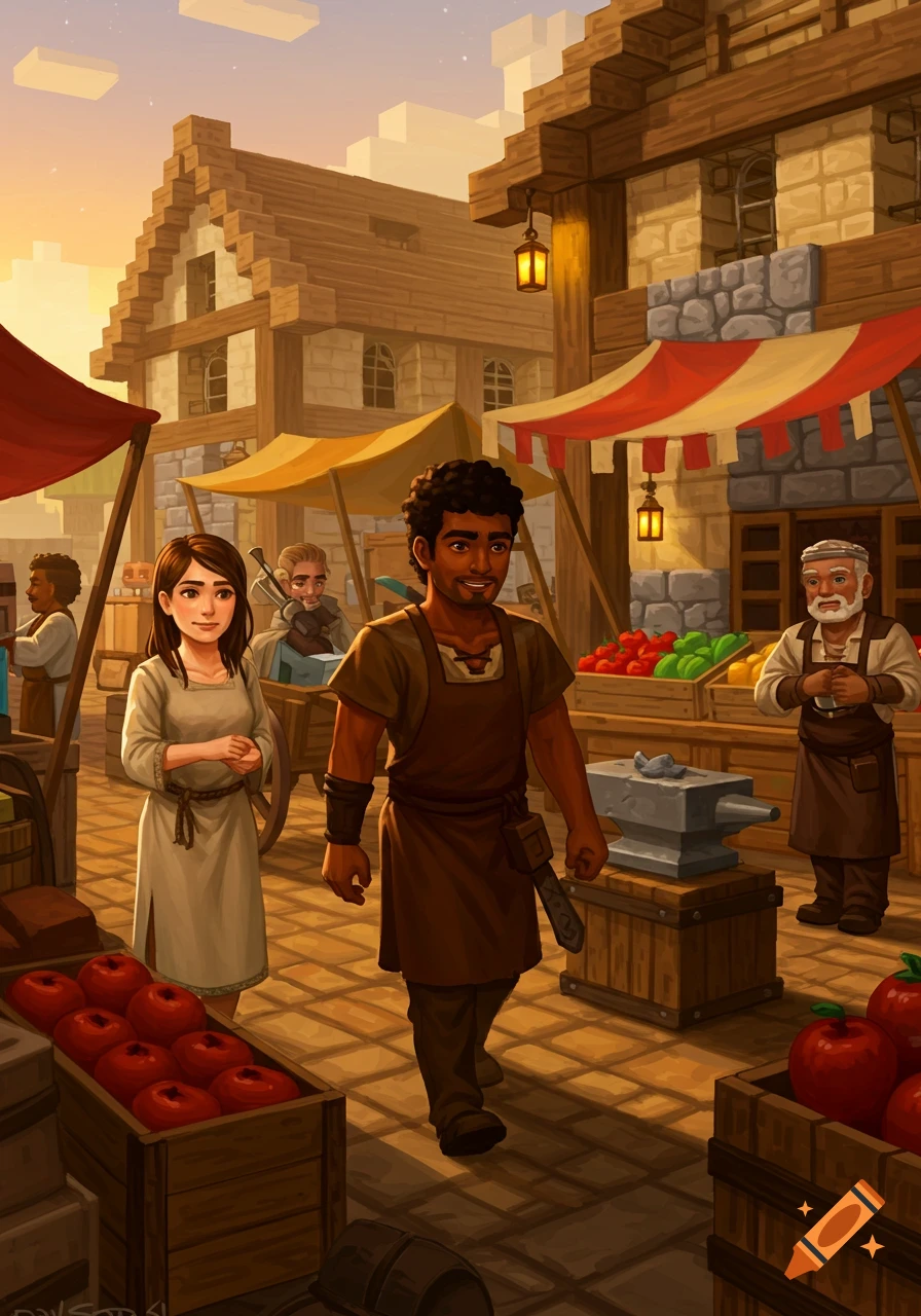 Humanized Minecraft villagers in a marketplace. on Craiyon