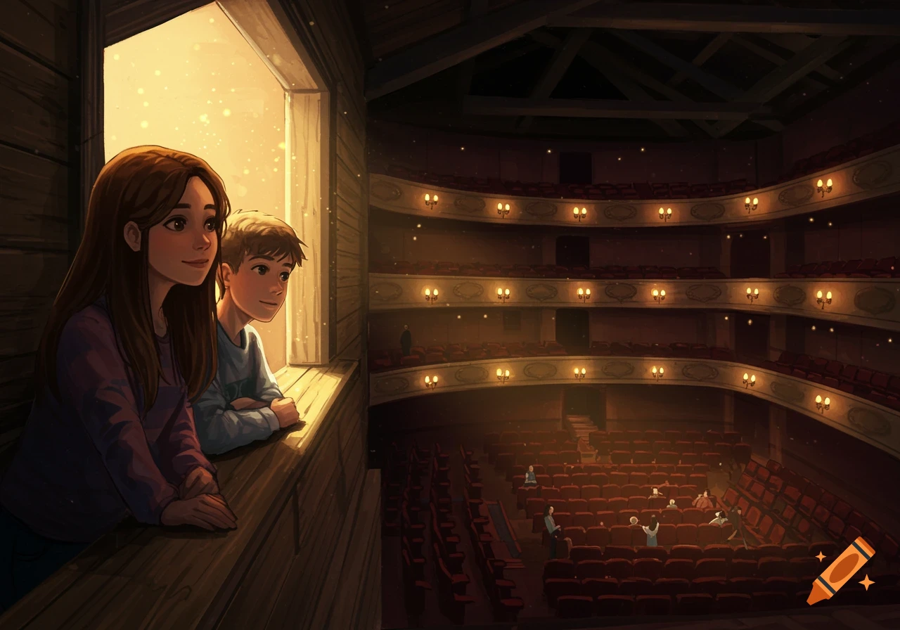 Two teenagers look down from a box seat at a grand, nearly empty opera ...