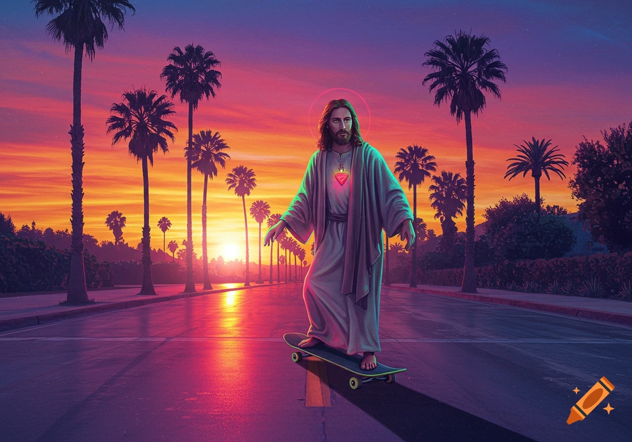 Jesus riding a skateboard on Craiyon